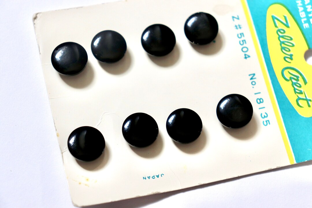 Vintage Gloss Black Buttons Simple Plastic Shank Set of 8 on Original ...