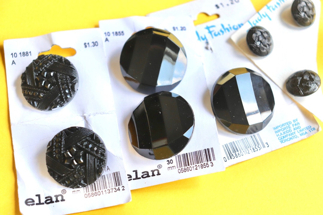 Stunning Black Glass Look Buttons - Large Vintage Sets on Original ...