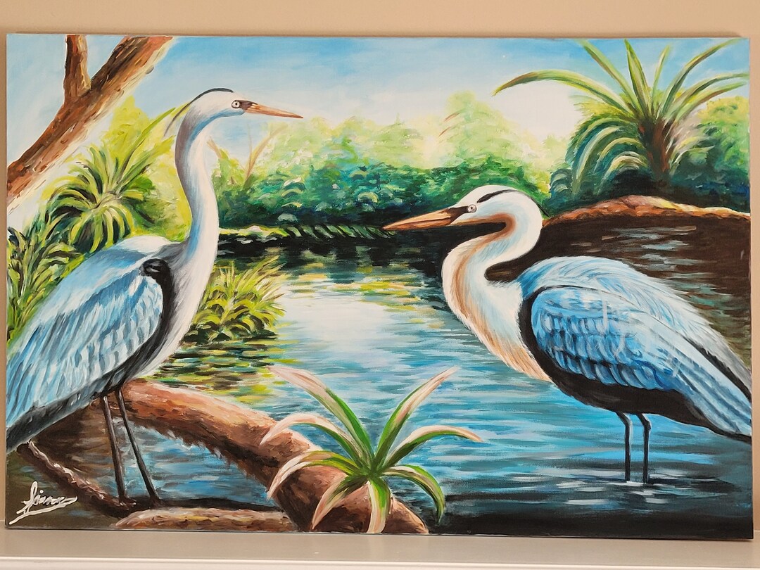 Oriental Two Storks by Zadcreation 36 X 24 Acrylic on Canvas Framed ...