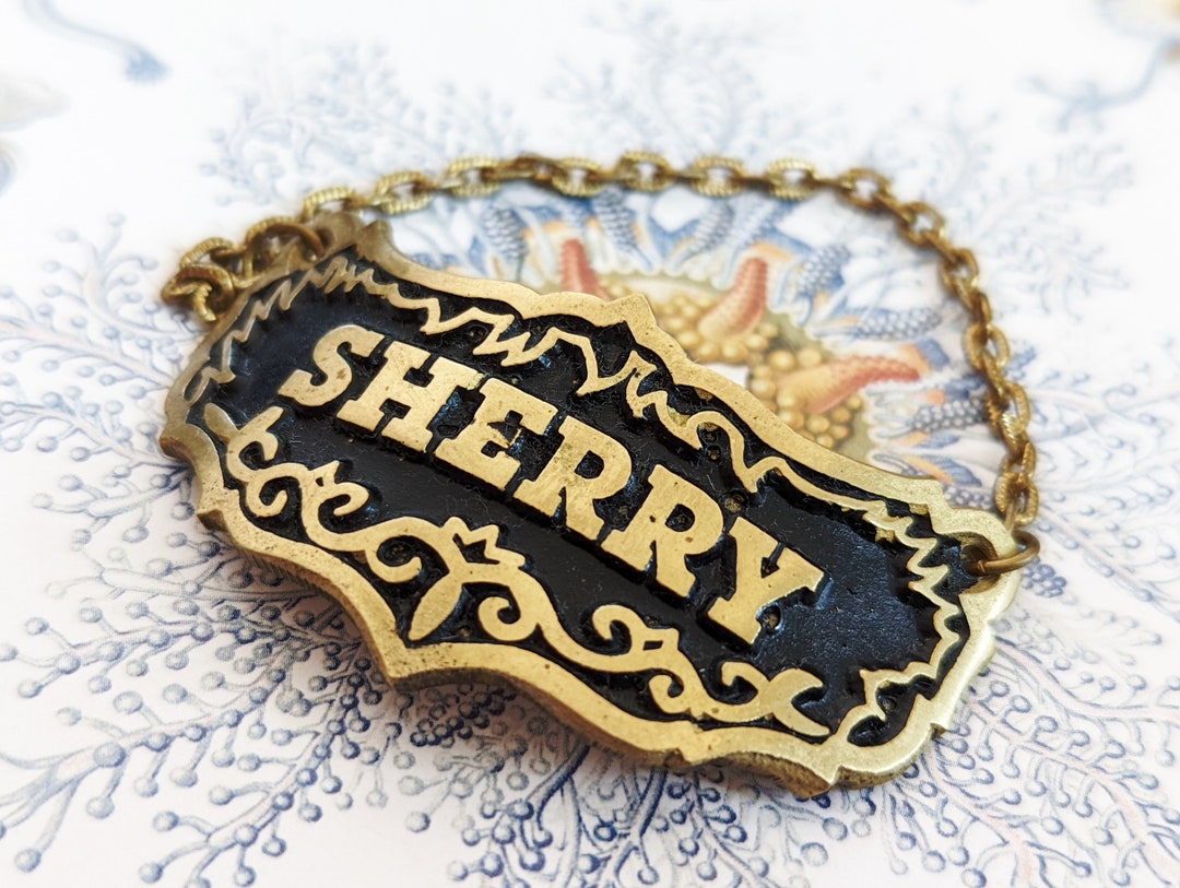Vintage Brass Sherry Decanter Label – Black & Gold Merry England ...