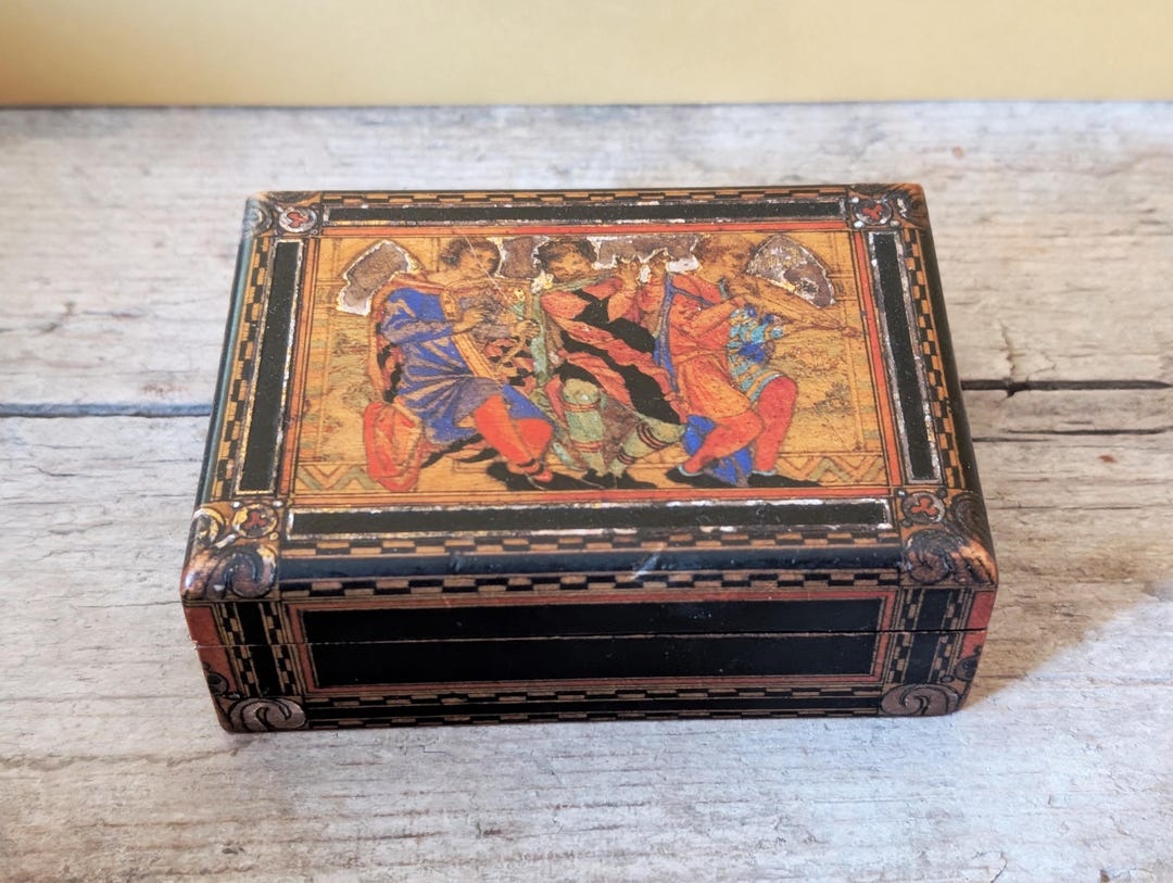 Vintage Wooden Jewellery Box With Medieval Musicians, Ebonised Arts ...