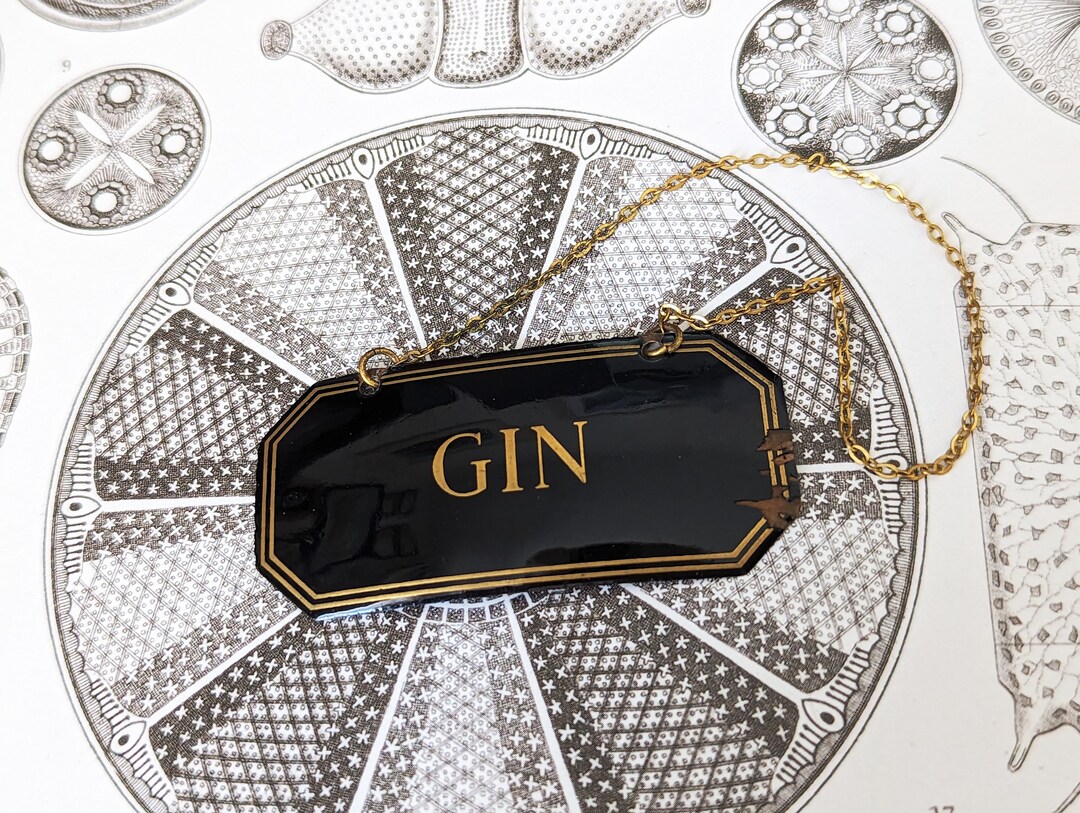 Black and Gold Gin Decanter Tag, Vintage Enamel Bottle Label, Unique ...