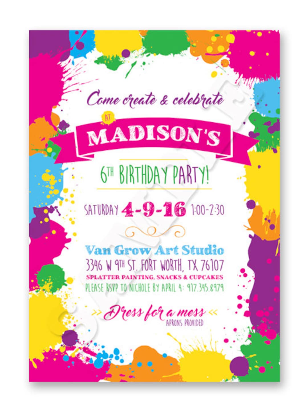 Splatter Paint Invitation / Art Party - Printable Birthday Invitation ...
