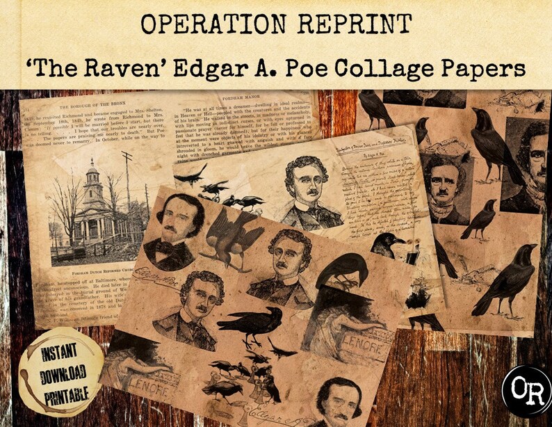 The Raven Edgar A. Poe Collage Background 22 Papers, Printable Digital ...