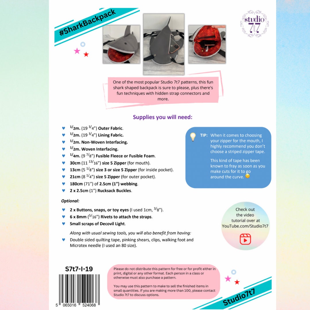 Shark Backpack Bag Sewing Pattern - PDF, Video, Projector Files & SVGS ...