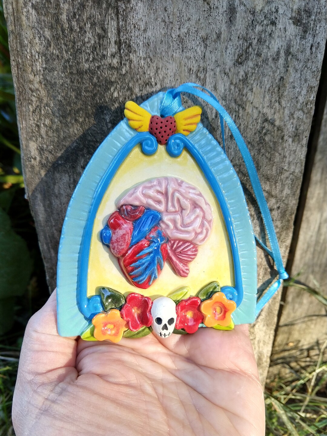 Ceramic Anatomical Heart and Brain Ornament W/skull and Flowers - Etsy