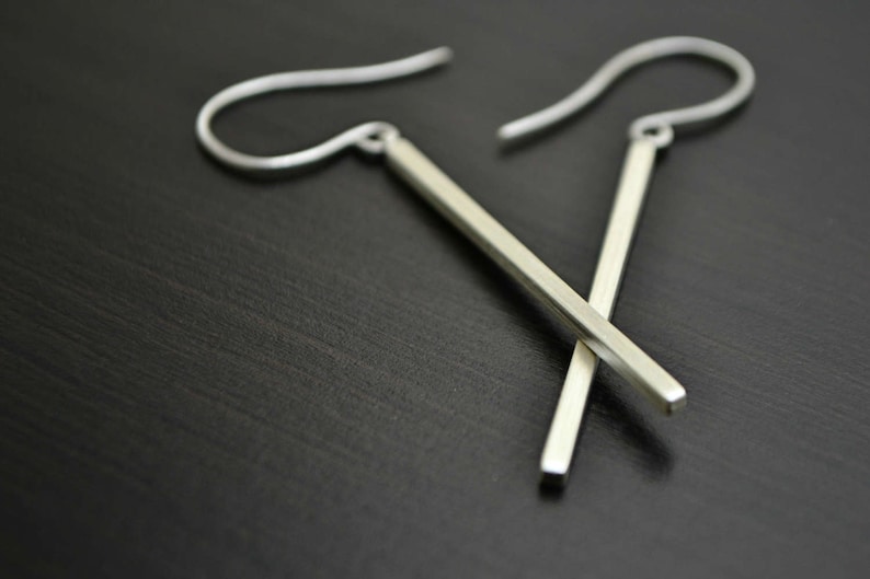 Long Silver Bar Earrings, Minimalist Dangle Drop Earrings, Contemporary ...