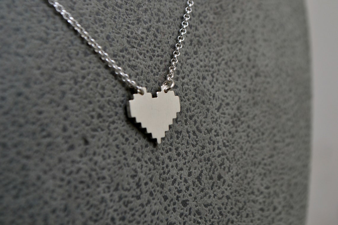 Pixel Heart Necklace, 8 Bit Pixel Heart 925 Silver Necklace, Cute Geeky ...