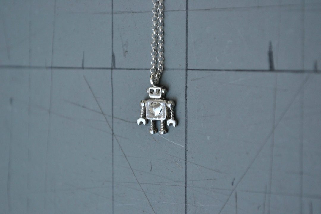 Tiny Robot Necklace, 925 Sterling Silver Cute Heart Robot Necklace ...