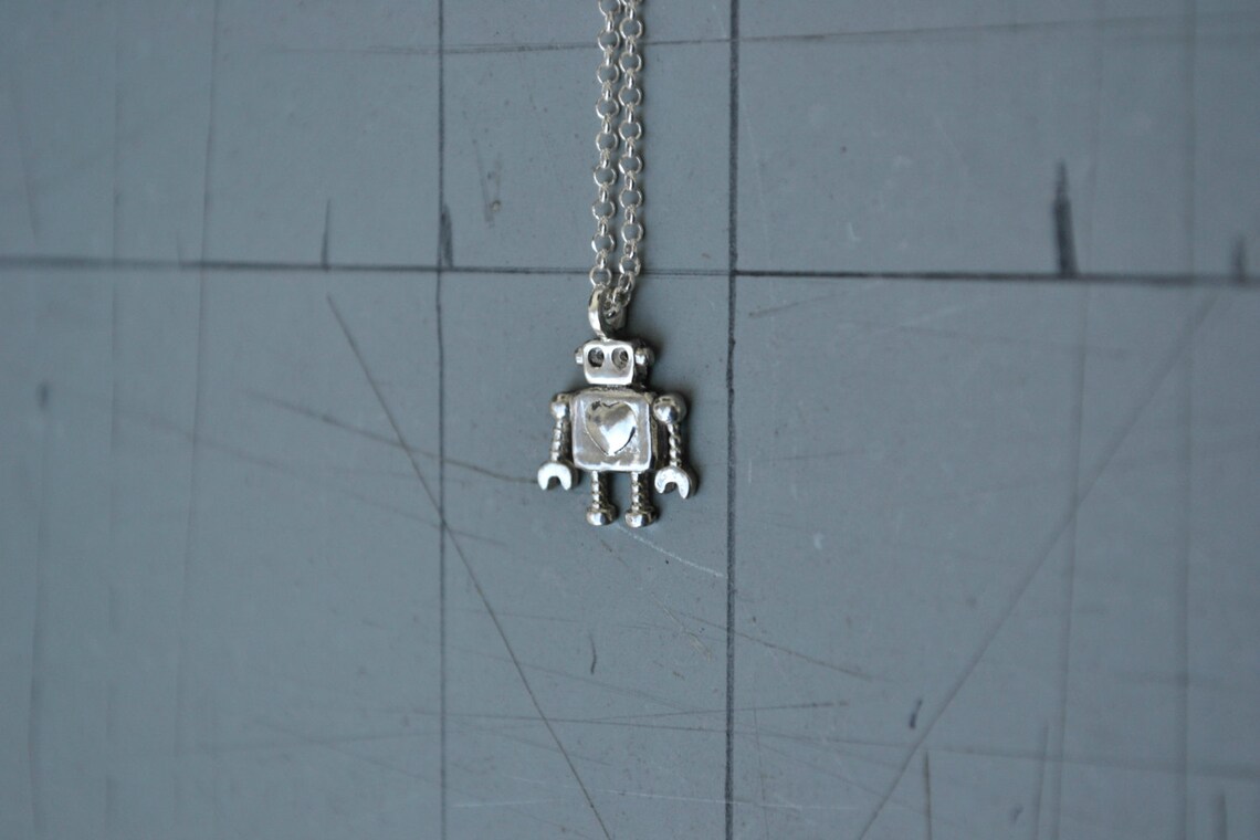 Tiny Robot Necklace 925 Sterling Silver Cute Heart Robot | Etsy