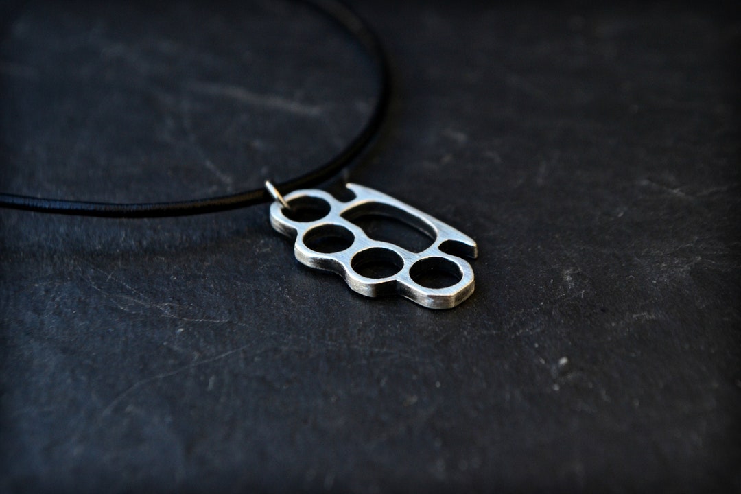 925 Sterling Silver Brass Knuckles Necklace, Knuckle Duster Mens Biker ...