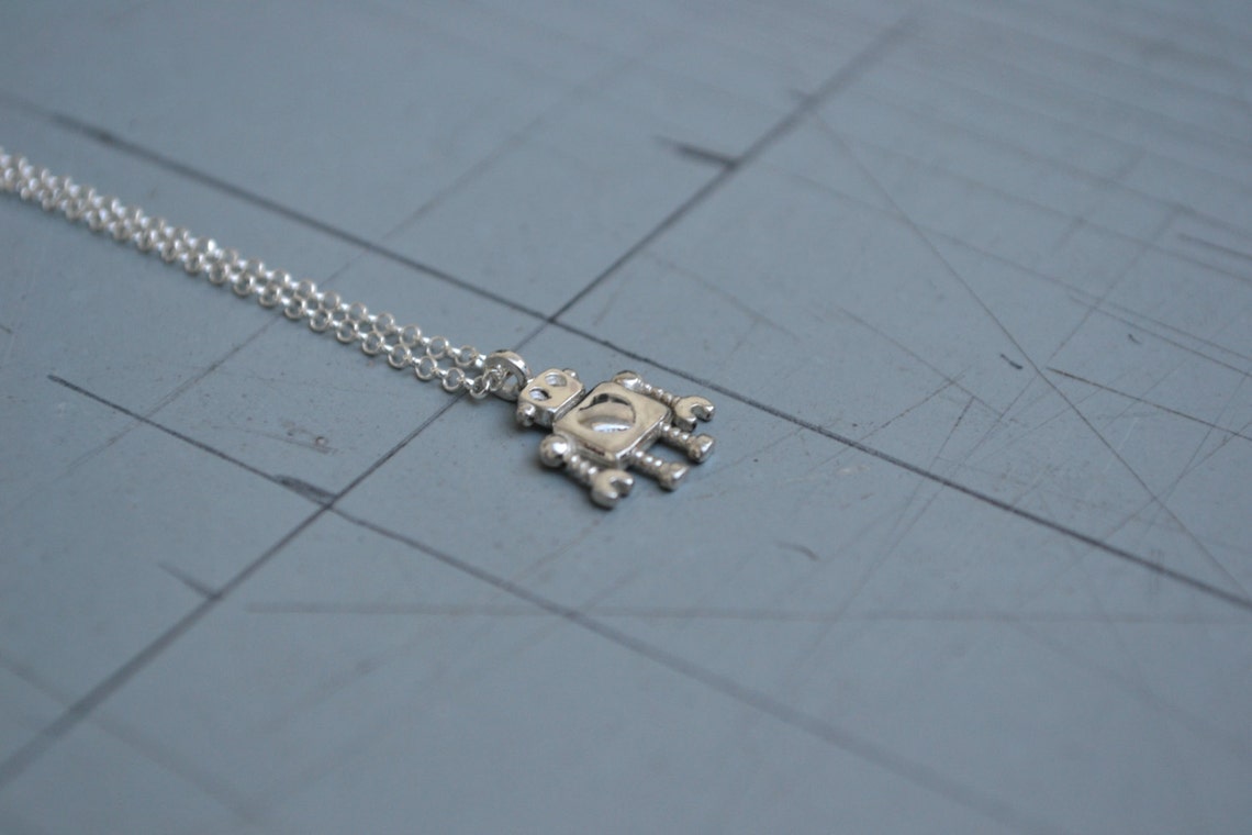 Tiny Robot Necklace 925 Sterling Silver Cute Heart Robot | Etsy