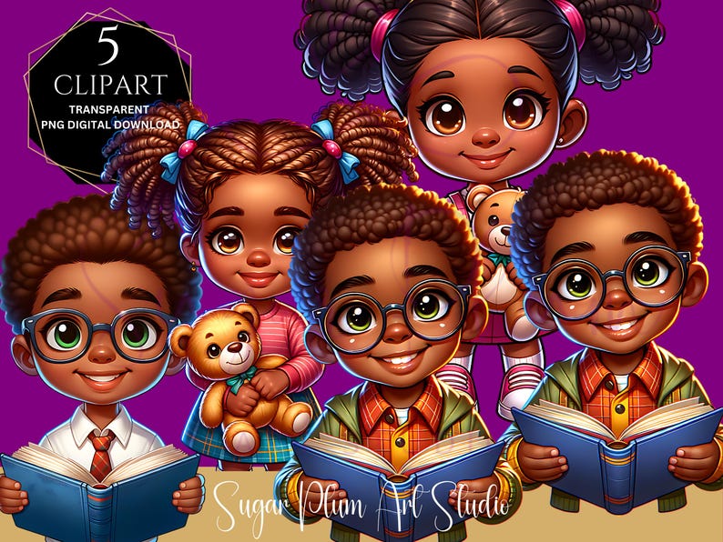 Black Kids Clipart, PNG Bundle, Brown Kids Clip Art, Story Book Clipart ...