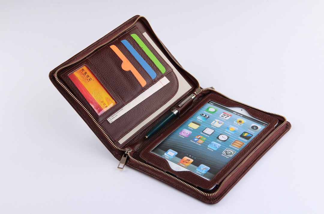 Full Grain Leather iPad Mini Portfolio Case: Zipper Wallet, Card Slots ...