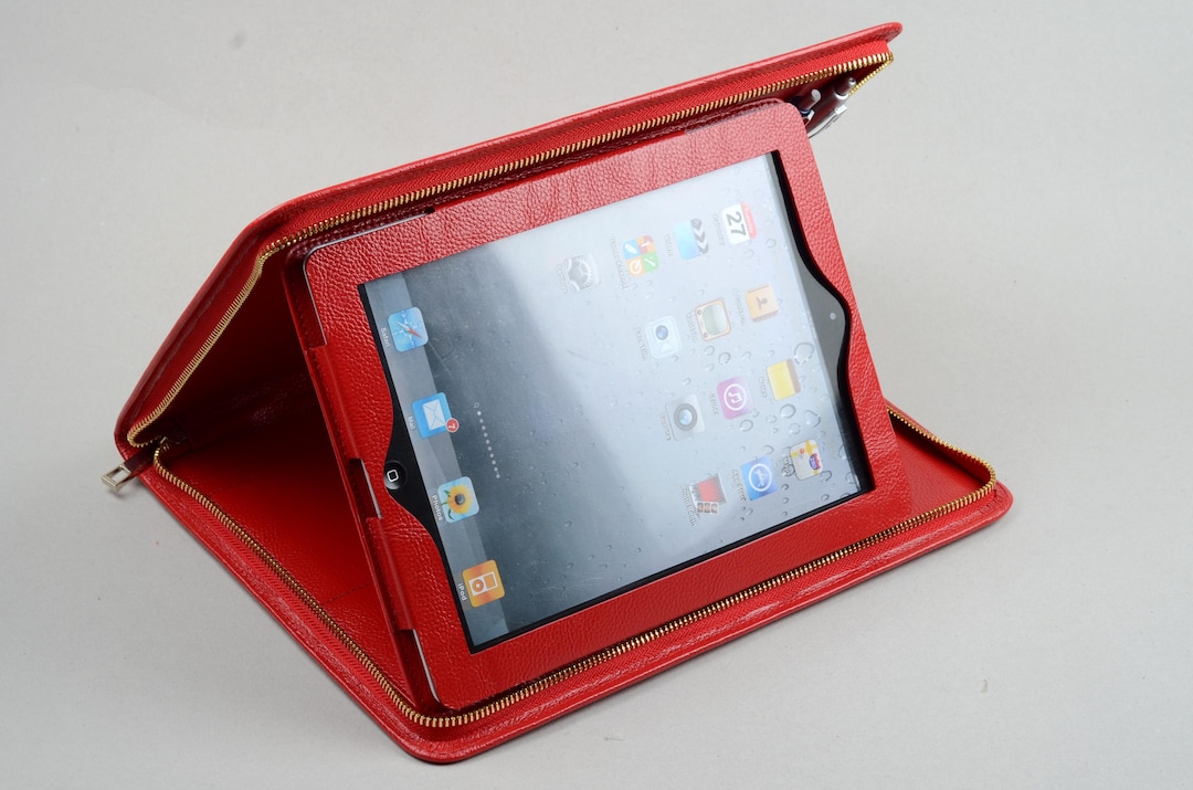 Red Leather iPad Stand Zipper Portfolio With Notepad Sleeve Holder Case ...