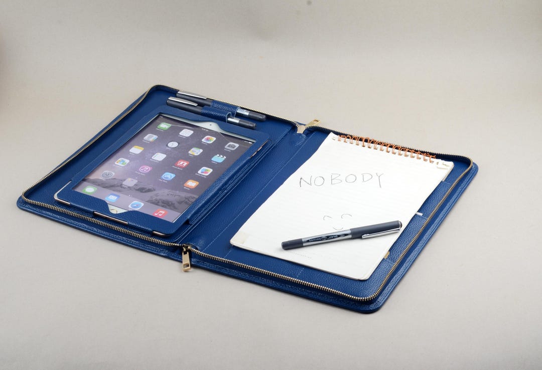 Blue iPad Stand iPad Leather Zipper Portfolio Case With Writing Notepad ...