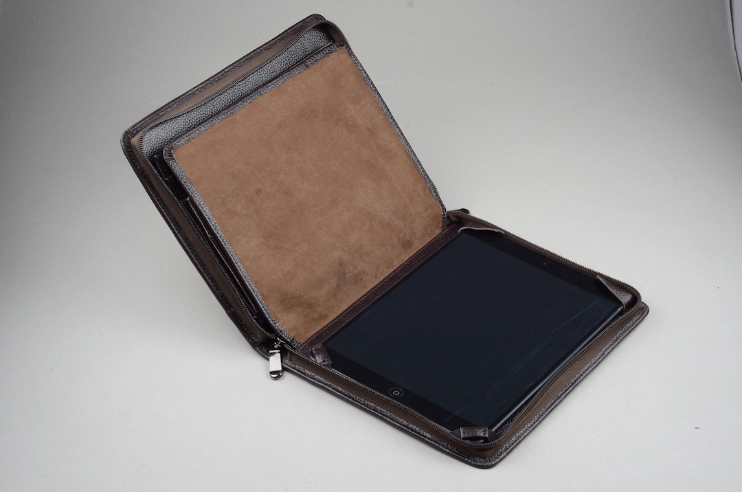 Leather iPad Portfolio Case: Dark Brown Business Organizer With Zipper ...