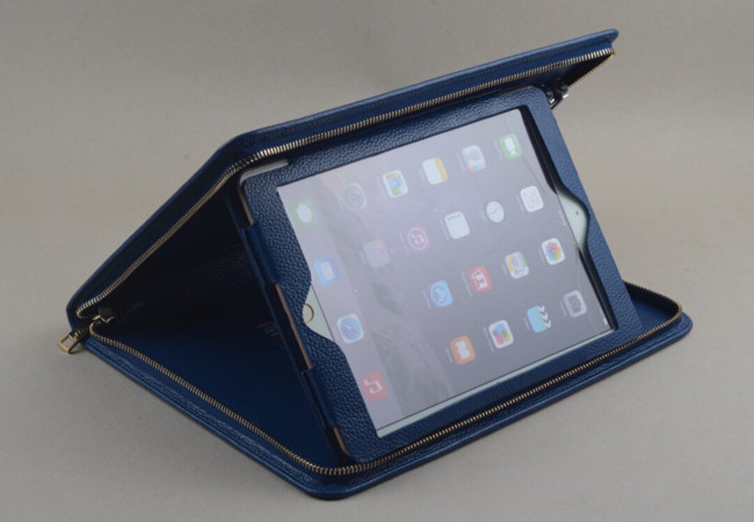 Blue iPad Stand iPad Leather Zipper Portfolio Case With Writing Notepad ...
