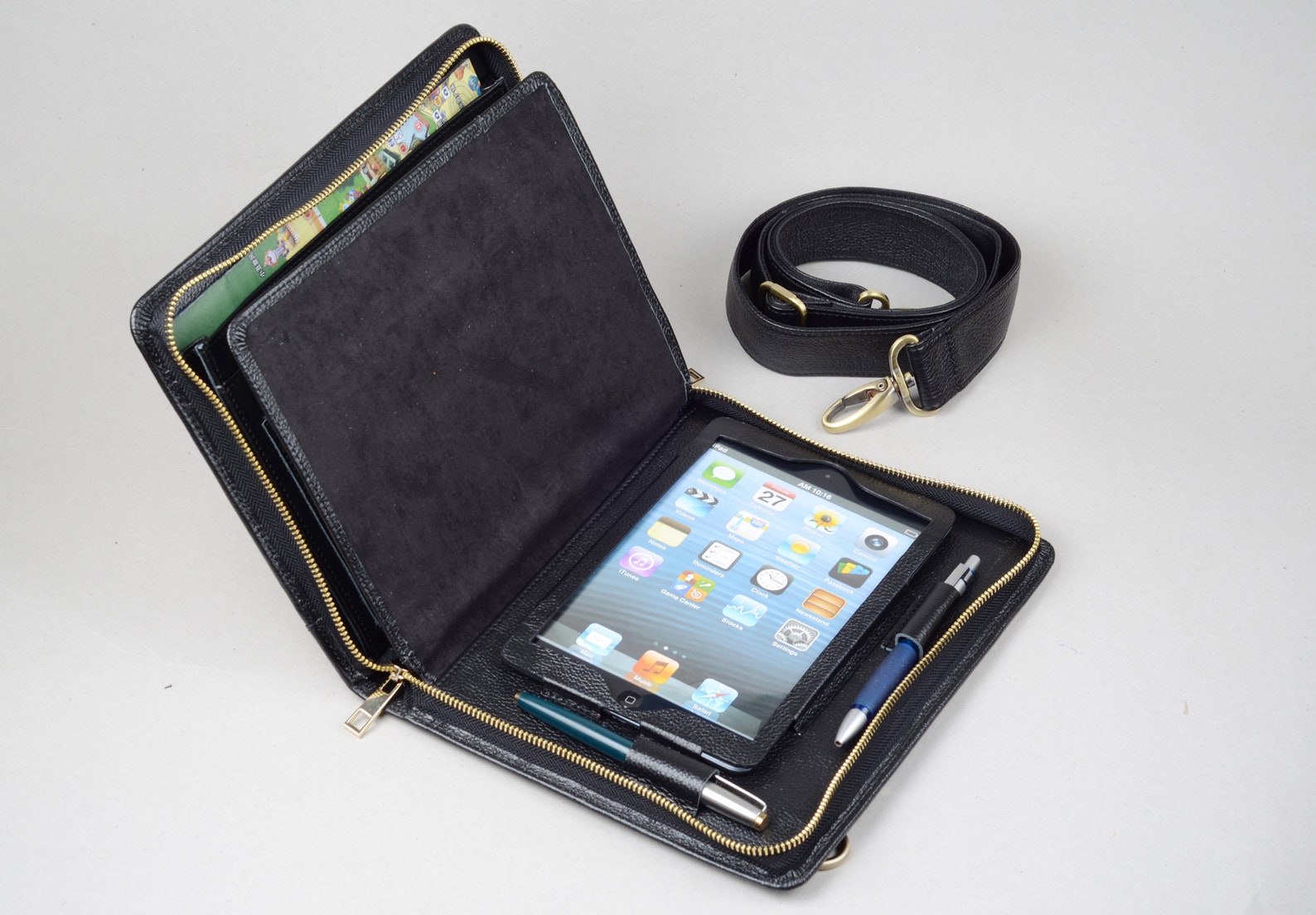 Black Leather iPad Portfolio Case With Crossbody Shoulder Strap,with ...