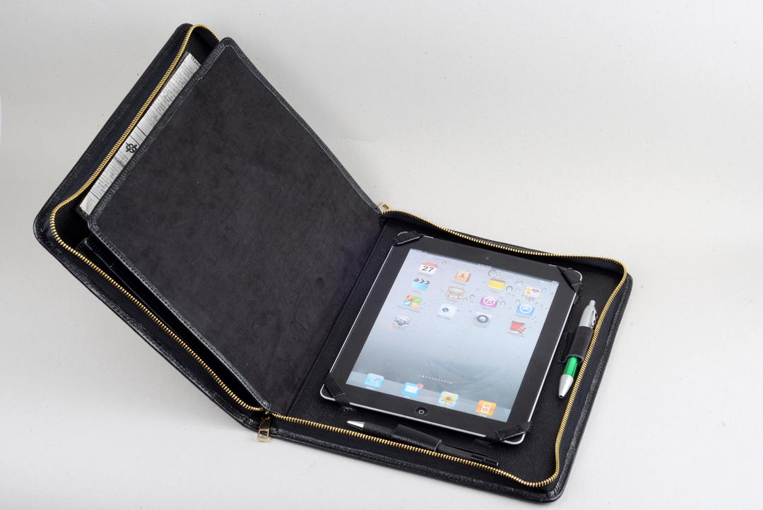 Black Leather iPad Zipper Portfolio Case With Notepad,ipad Business ...