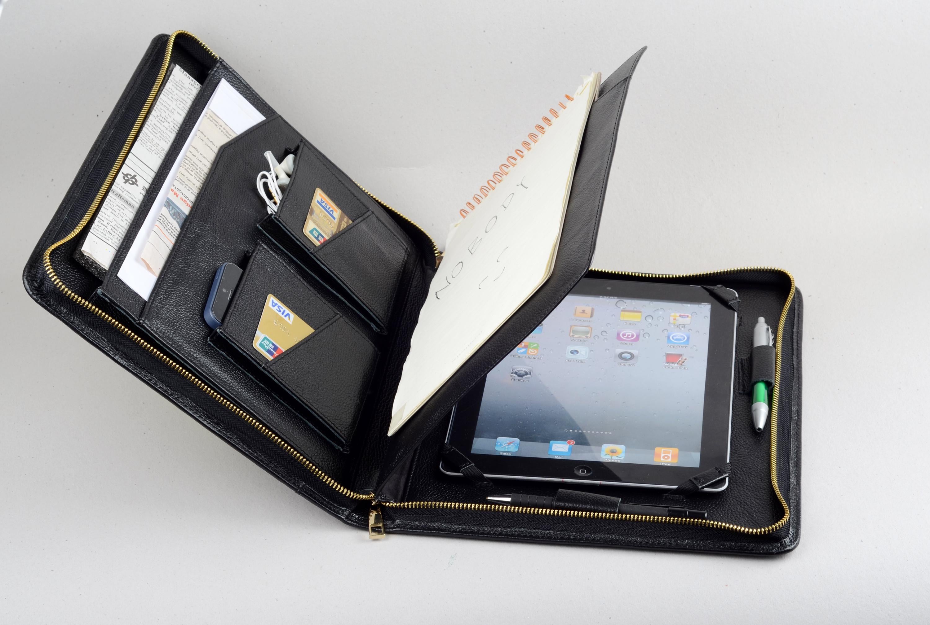 Black Leather iPad Zipper Portfolio Case With Notepad,ipad Business ...