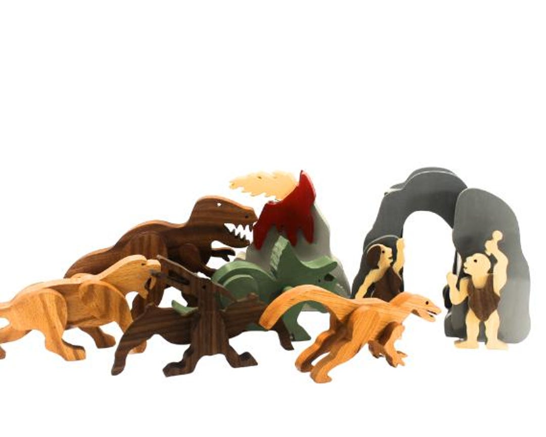 Dinosaurs, Caveman and Cavewoman, Cave, and Volcano Wooden Toy Set - Etsy