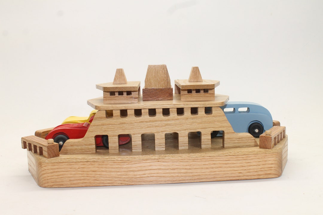 Wood toy model Washington State ferry boat with 3 cars. This ferry has ...