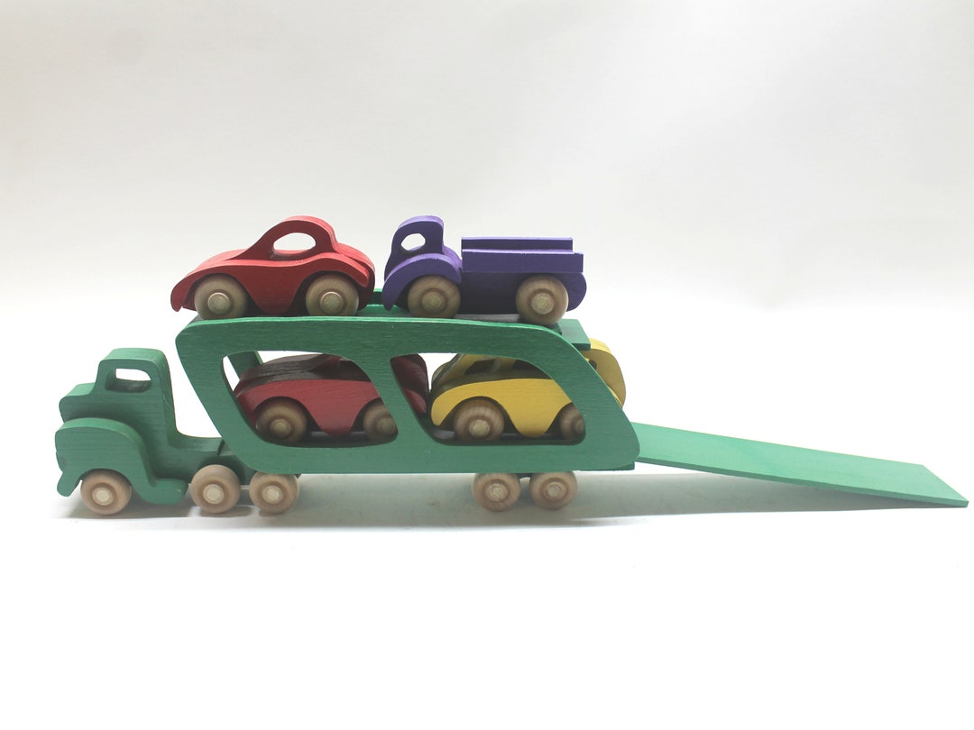 Vintage-inspired Wooden Toy Car Carrier With 3 Cars and a Pickup Truck ...