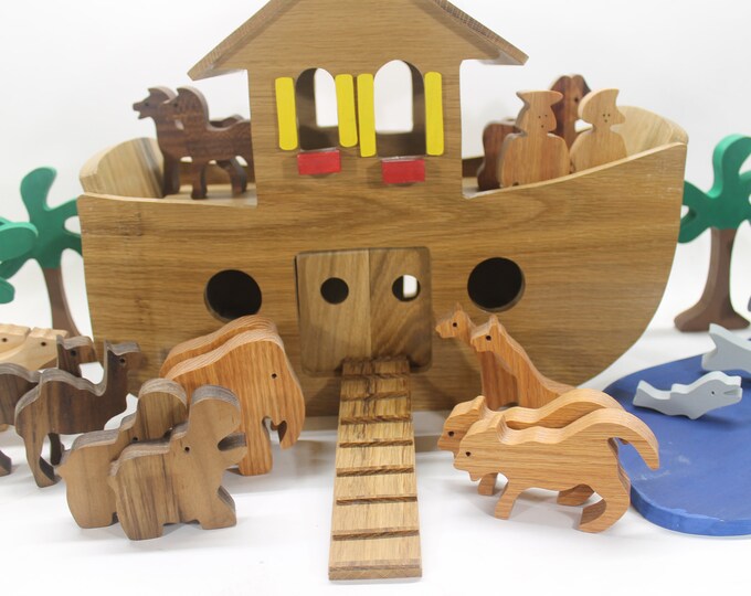Handcrafted Wood Noah's Ark With 11 Pairs of Animals. A Ramp Leads to ...