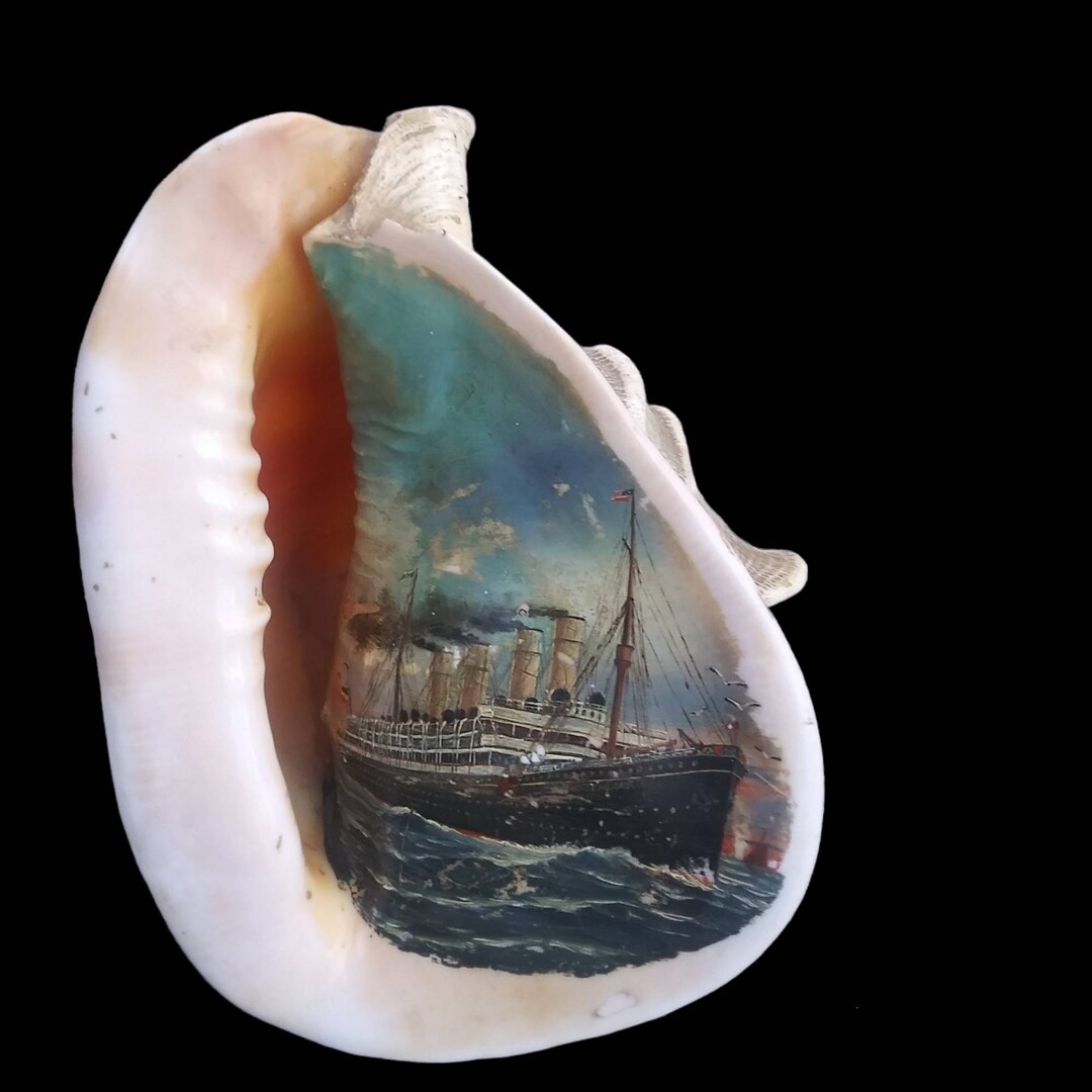 Antique 1904 Conch Shell Marine Miniature Painting Four Stack Steamer ...