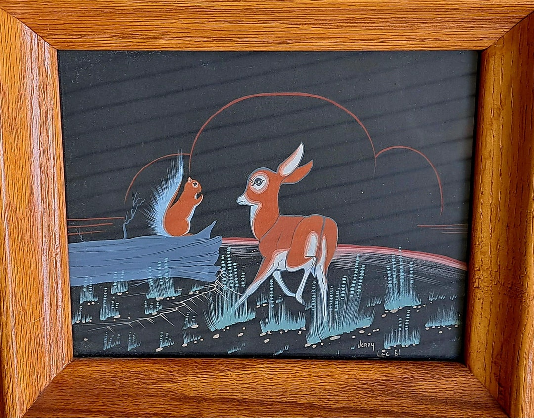 Jerry Lee Original Navajo Painting Squirrel and Deer 1961 MCM Native ...