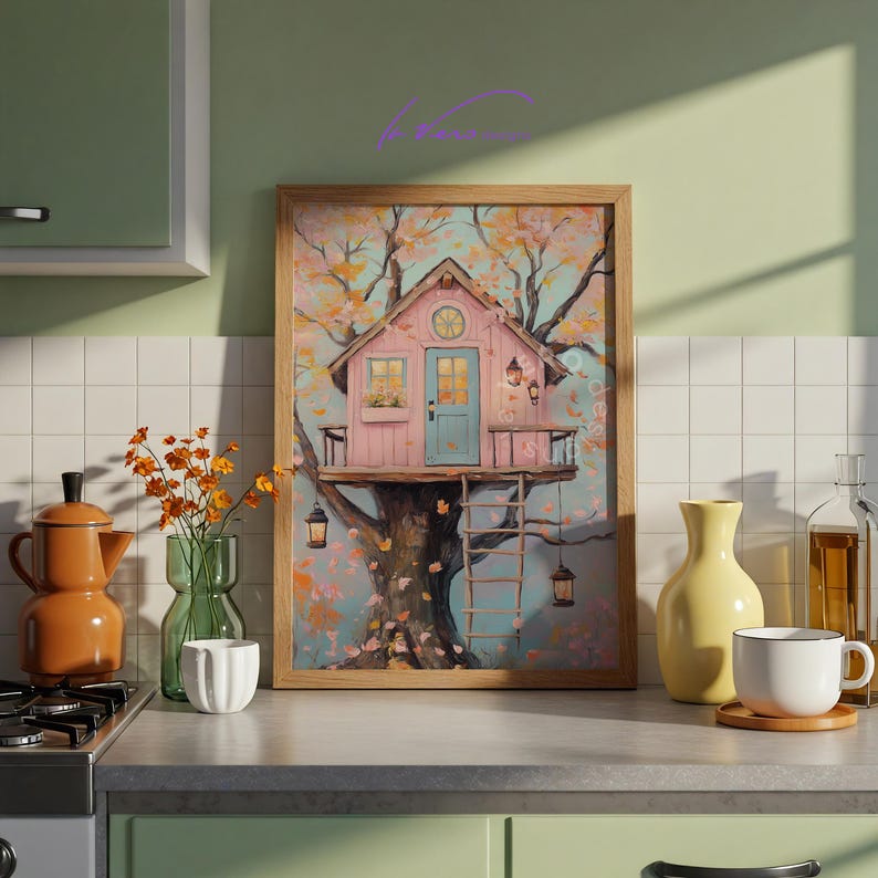 Pink Treehouse Art Print, Whimsical Kids Room Decor, Fantasy Tree House ...