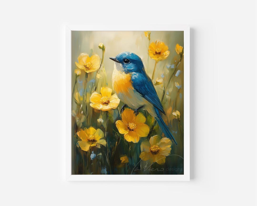 Bluebird and Buttercup Botanical Print - Cottagecore Pastel Painting ...