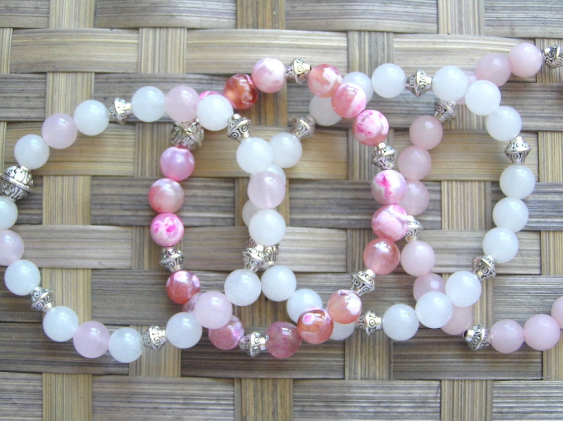 White Jade & Rose Quartz Bracelet Handmade Gift Idea Under 20 - Etsy Canada