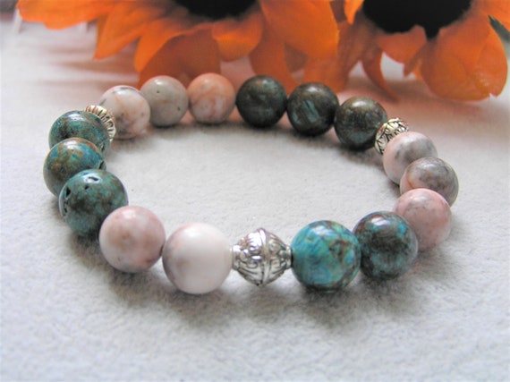 Blue Jasper & Pink Zebra Jasper lotus stretch bracelet | Etsy