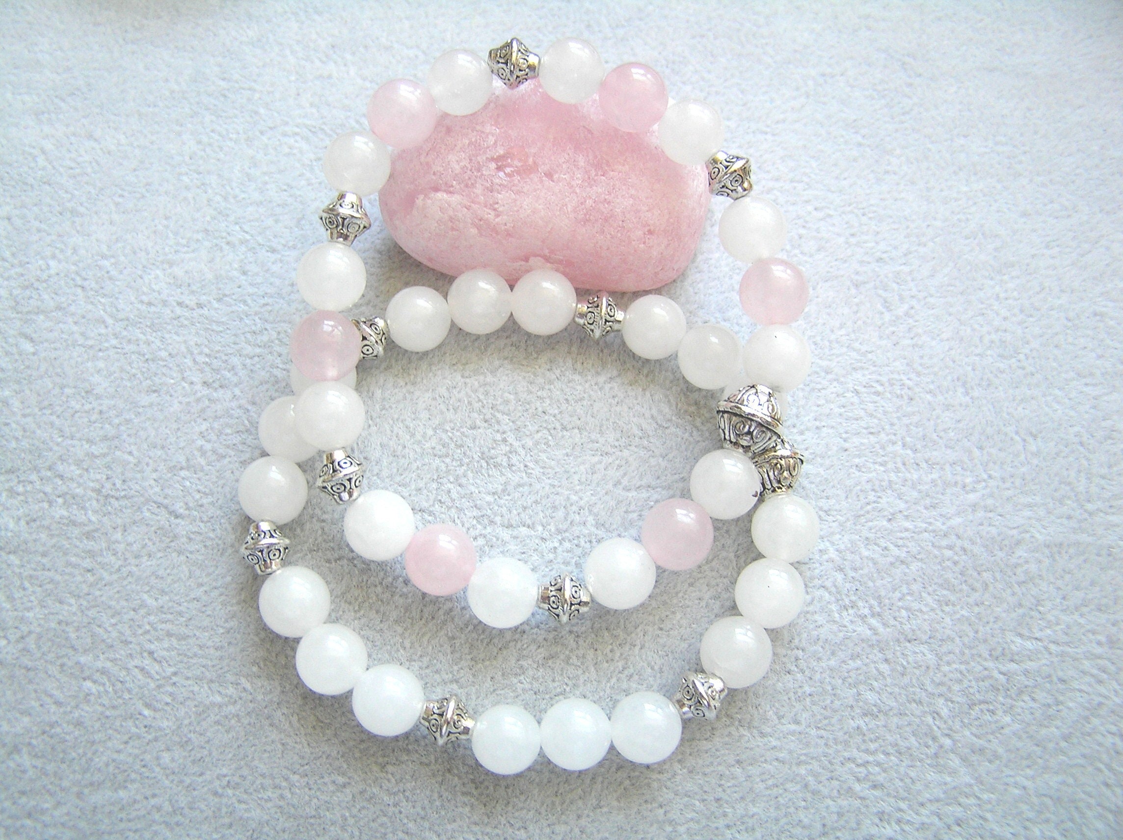 White Jade & Rose Quartz Bracelet Handmade Gift Idea Under 20 Wrist ...