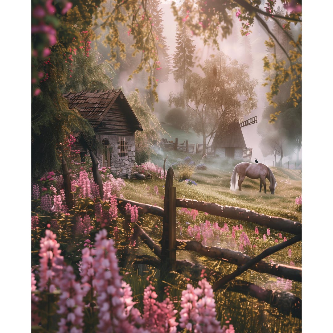 Enchanted Cottagecore Farm Digital Art Print | Cozy Rustic Landscape ...