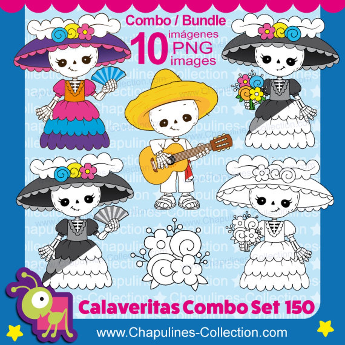 Day of the Dead Clipart Bundle Color and Black and White - Etsy