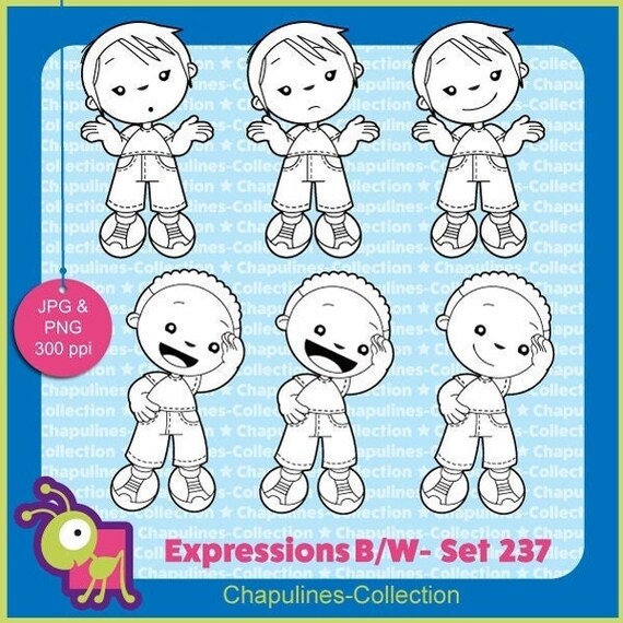 Digital Clipart Kids Expressions Black and White Set 237 | Etsy