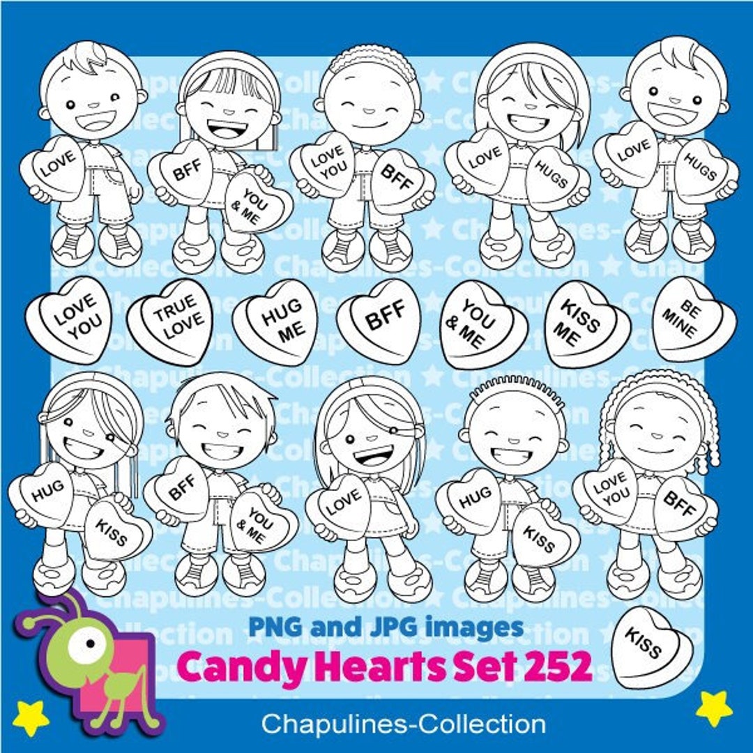 Candy Hearts Boys and Girls Clipart in Black and White Set 252 - Etsy