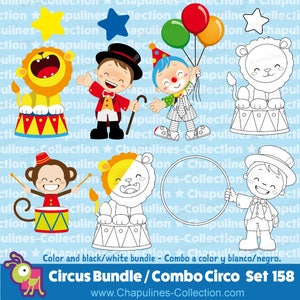 Circus Clipart Bundle, Color and Black/white, Line Art, Clown, Elephant ...