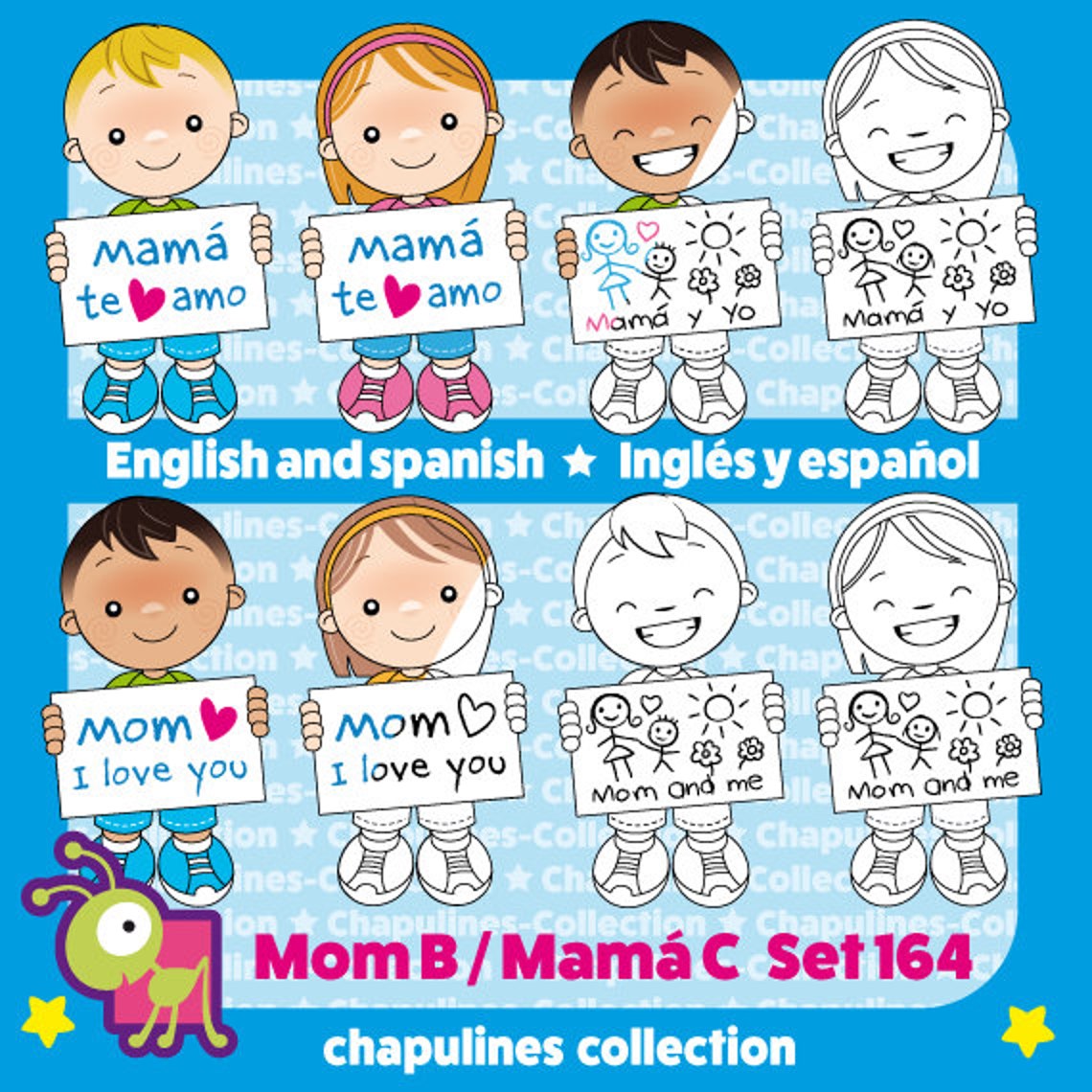 Kids and Mother's Day Clipart Bundle Color and Black and - Etsy