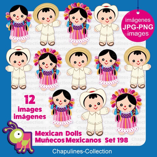 Mexican Maria Rag Dolls Clipart Green White and Red Set 196 - Etsy