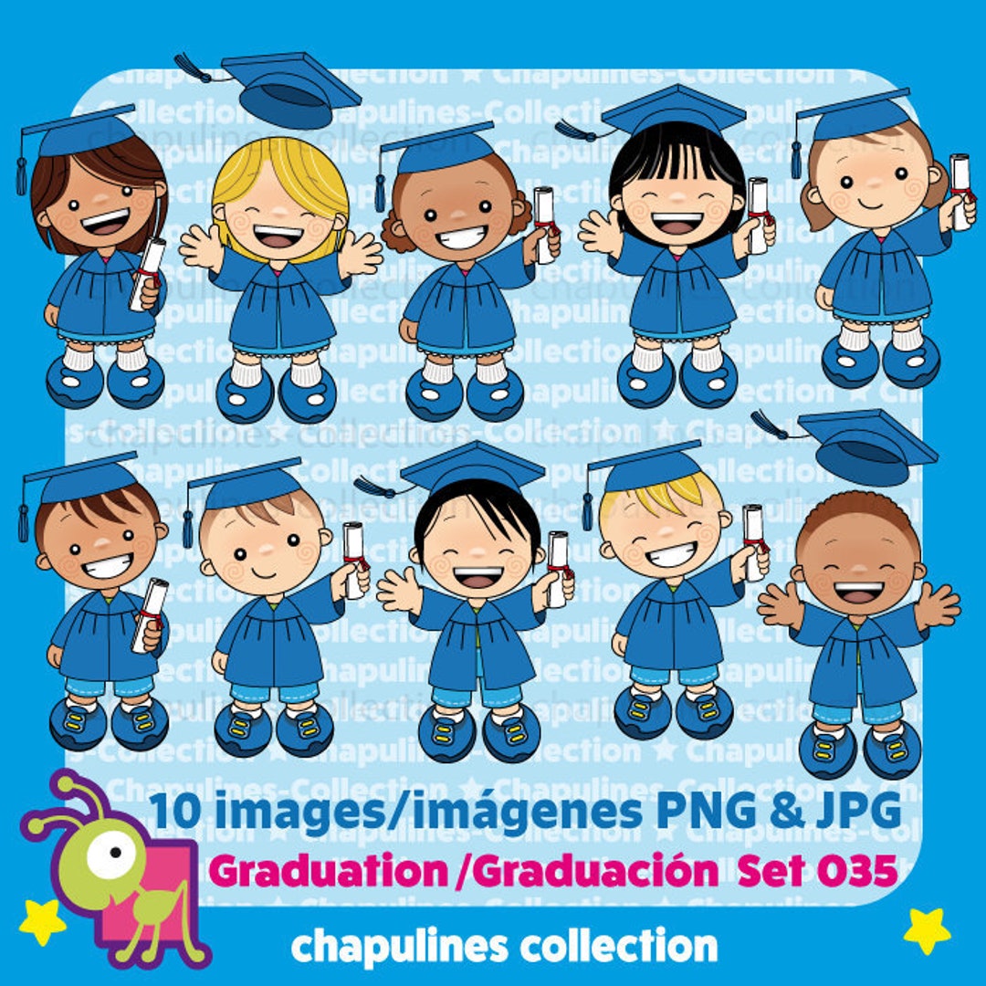 Digital Clipart Graduation Kids Illustrations, Blue Gown and Cap ...