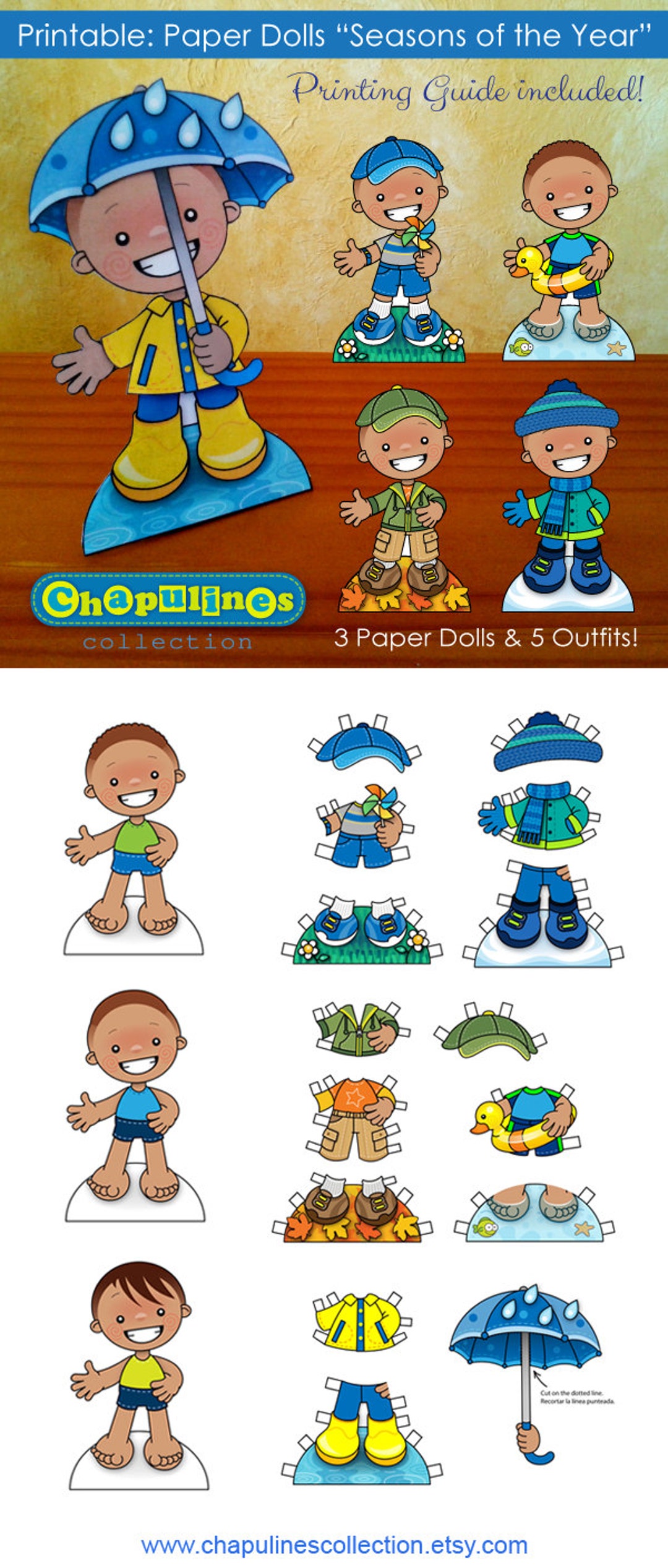 Paper Dolls - Printable - Seasons of the Year - Boys - Full Color - Set ...