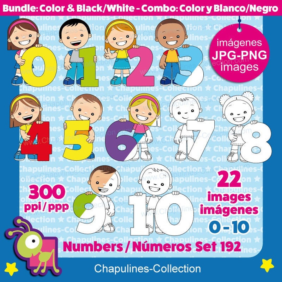 Numbers and Kids Clipart Bundle, From 0 to 10, Color and Black/white ...