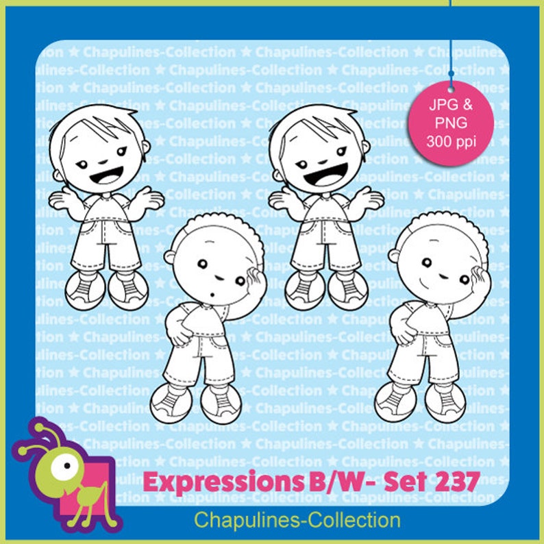 Digital Clipart Kids Expressions Black and White Set 237 - Etsy