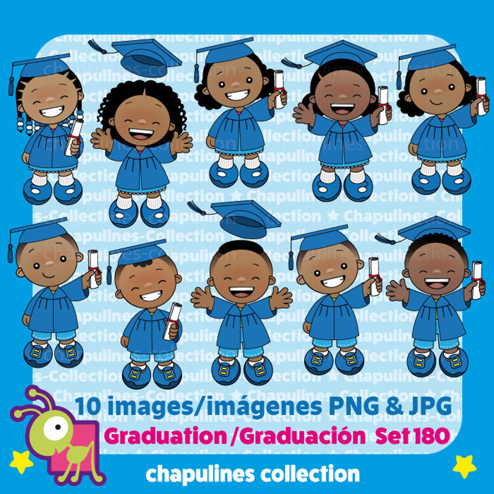 Digital Clipart Graduation Kids Illustrations Blue Gown and - Etsy