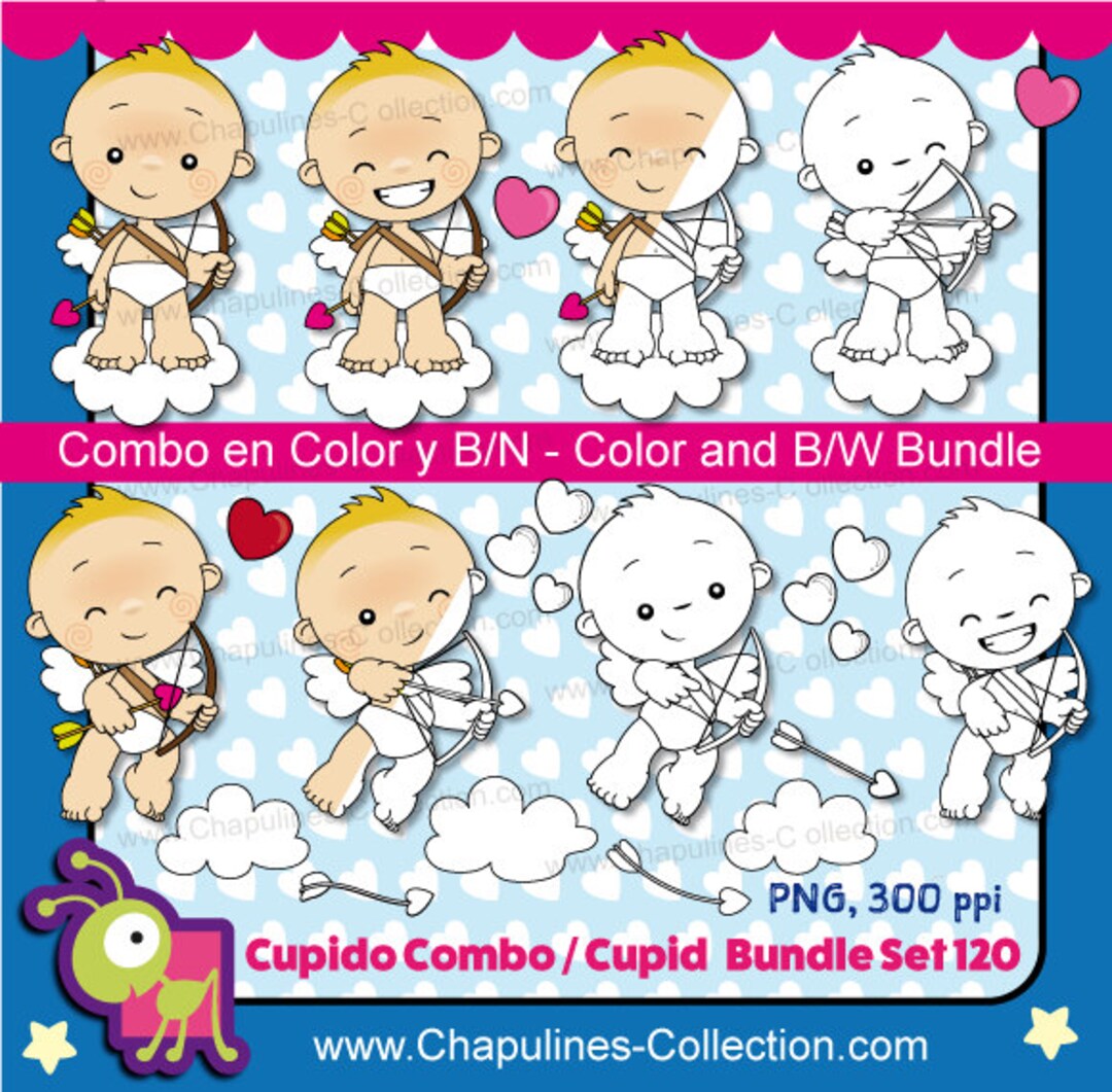 Cupid Clipart Color and Black and White Bundle, Hearts, Love, Valentine ...