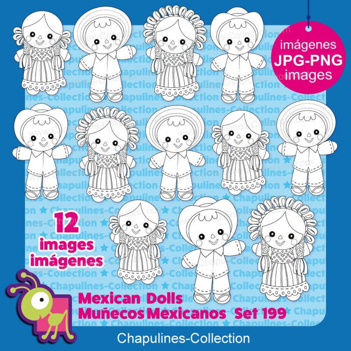 Mexican Maria Rag Dolls Clipart, Black and White Set 199 - Etsy